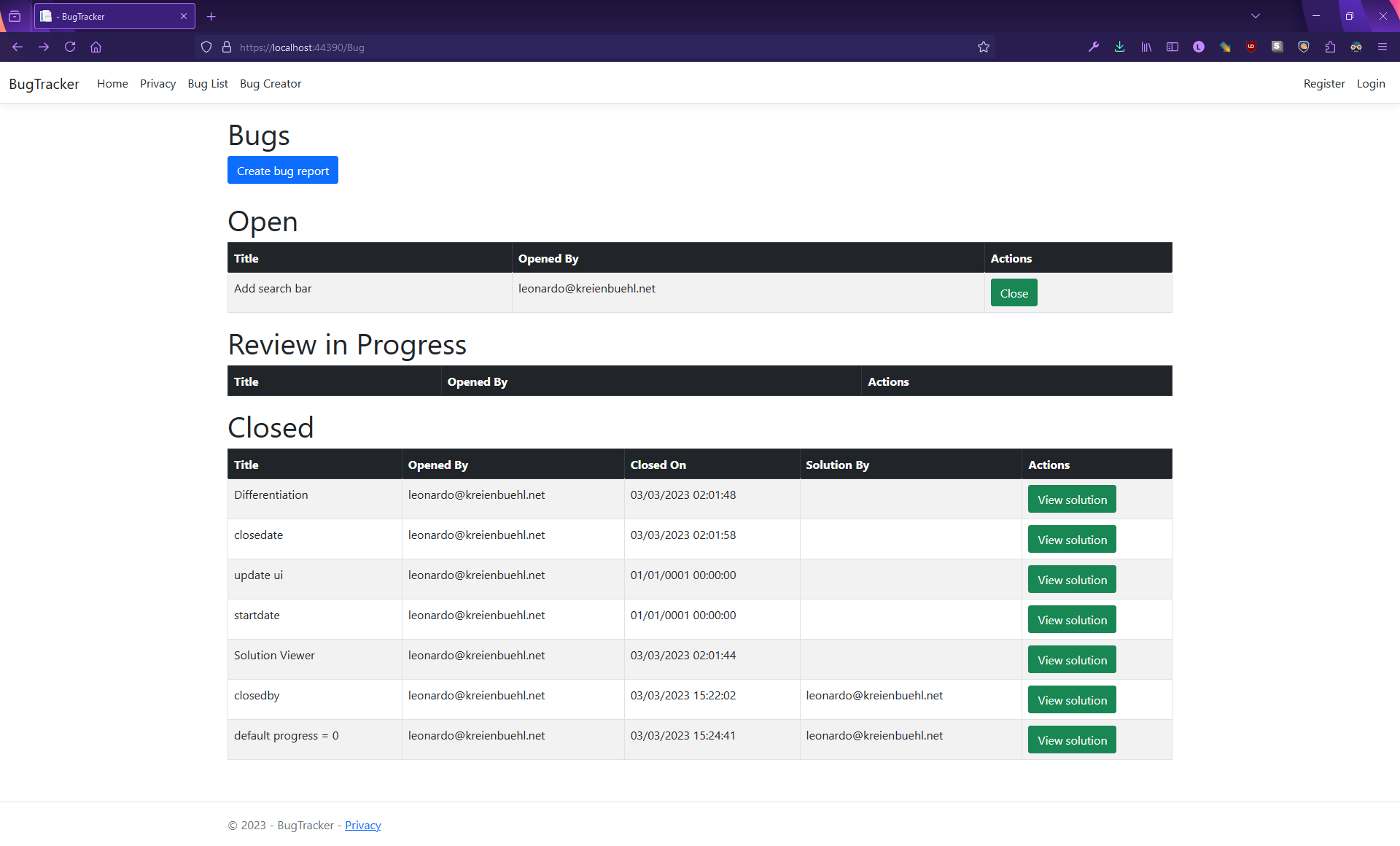 Screenshot vom Bug Tracker